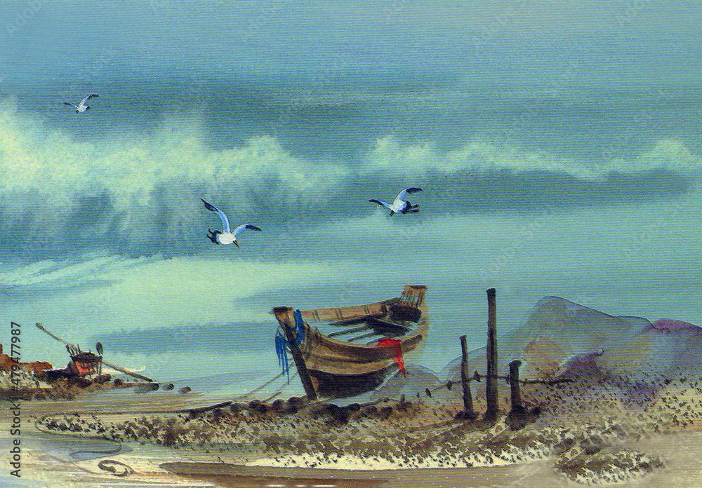 Watercolor painting art class , sea ,wave ,birds, boat windy seashore ...