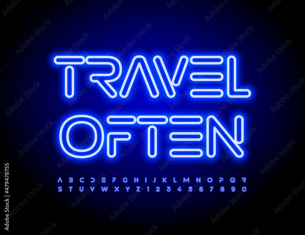 Vector advertising Logo Travel Often. Bright Glowing Font. Blue Neon ...