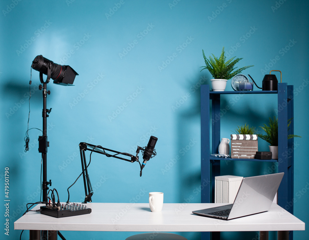 Empty vlog studio broadcasting room with professional microphone and ...