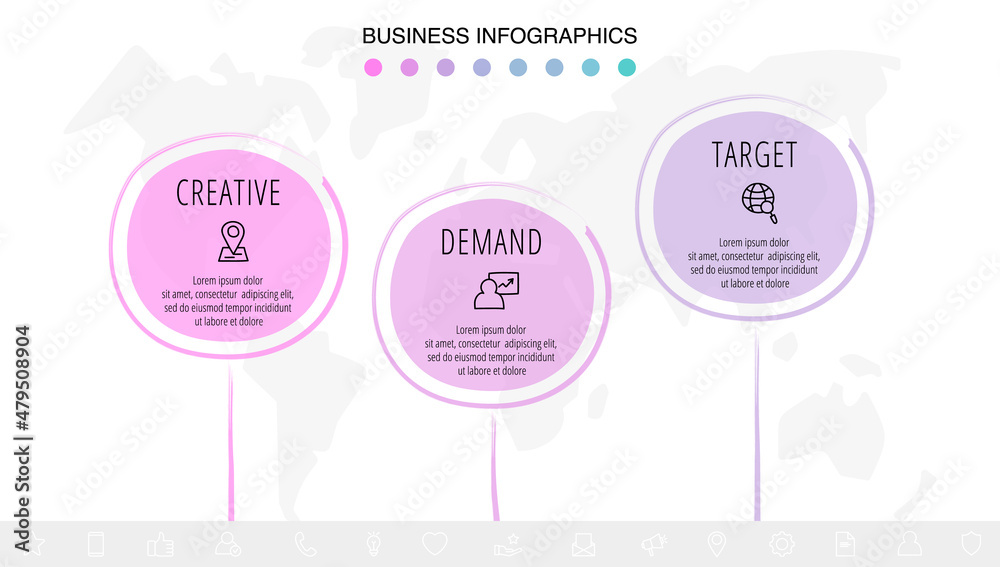 Vector hand-drawn infographics with 3 circles and icons. Modern concept ...