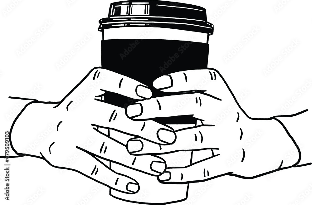 Hand holding Coffee cup Hot coffee to go Cafe menu Hand drawn line art ...
