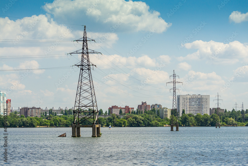 Voronezh, Russia, June 17, 2019. Metal pylons of high-voltage power ...
