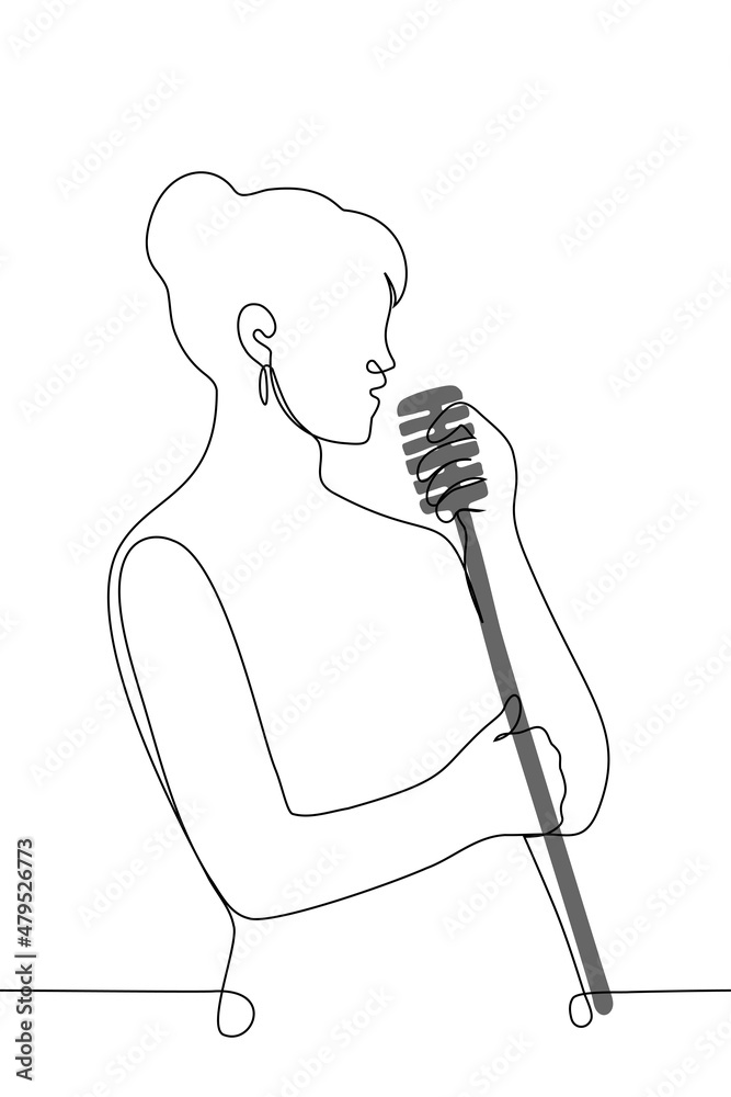 beautiful woman singing into vintage microphone - one line drawing ...