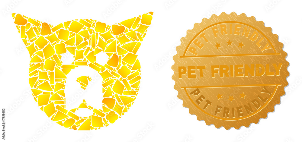 Golden composition of yellow particles for dog head icon, and gold ...