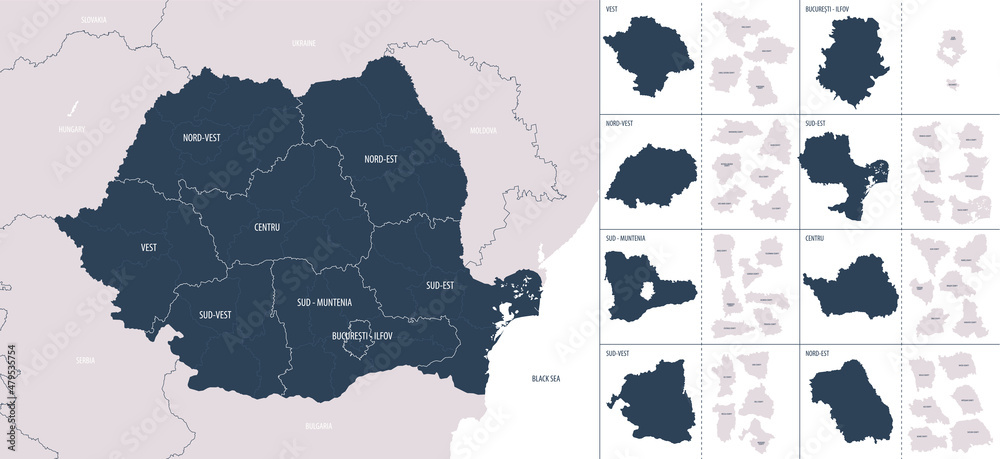 Vector color detailed map of Romania with administrative divisions of ...