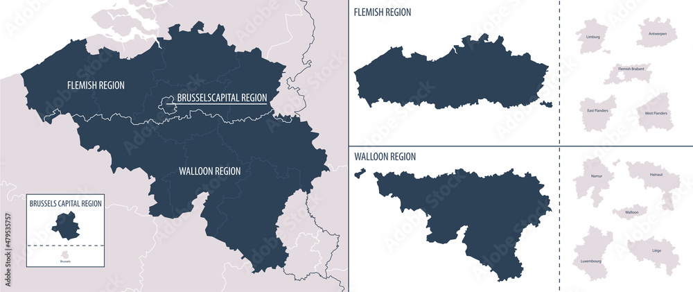 Plakat Vector color detailed map of Belgium with administrative ...