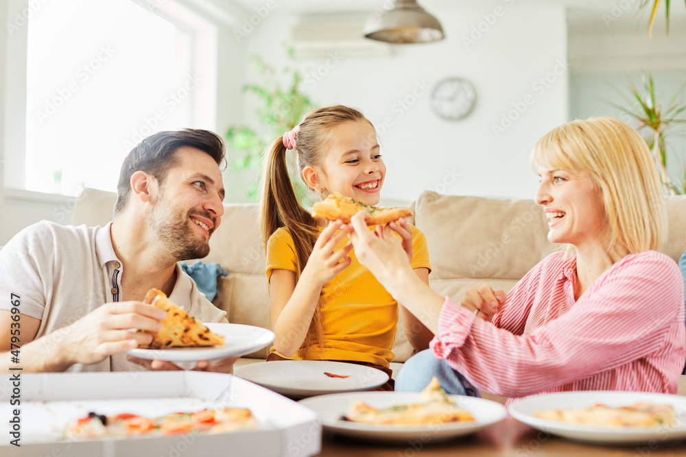 pizza family child food home eating daughter mother father happy meal ...