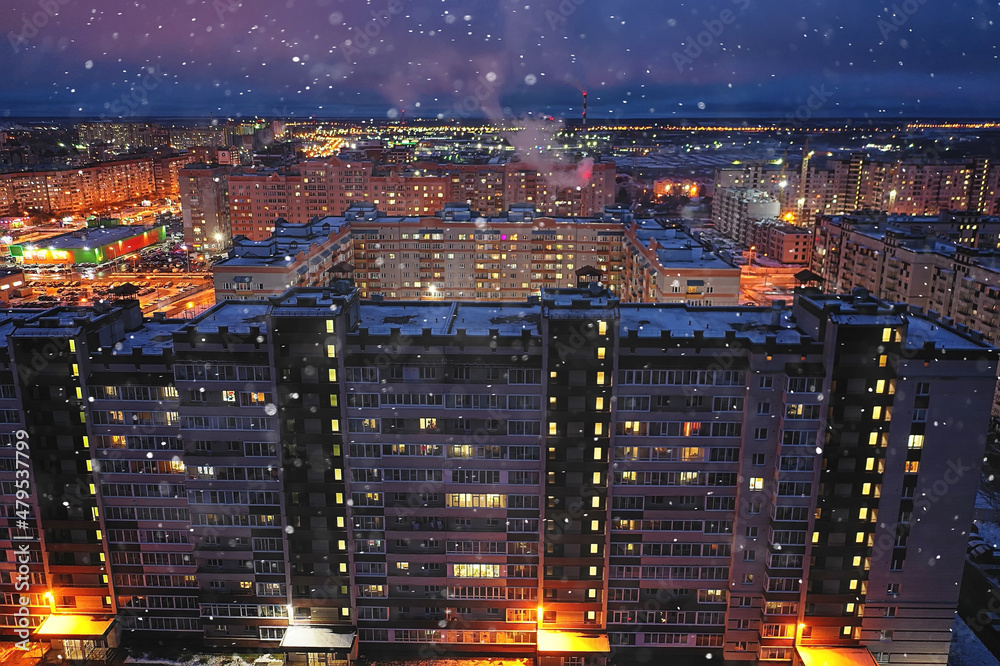 night city top view winter, architecture top roof facade lights Stock ...