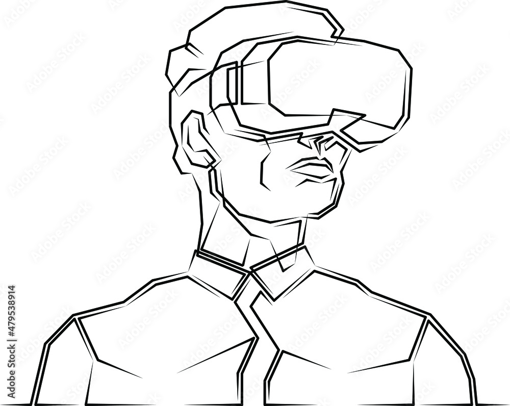 Continuous line.Man wearing virtual reality glasses. Augmented reality ...