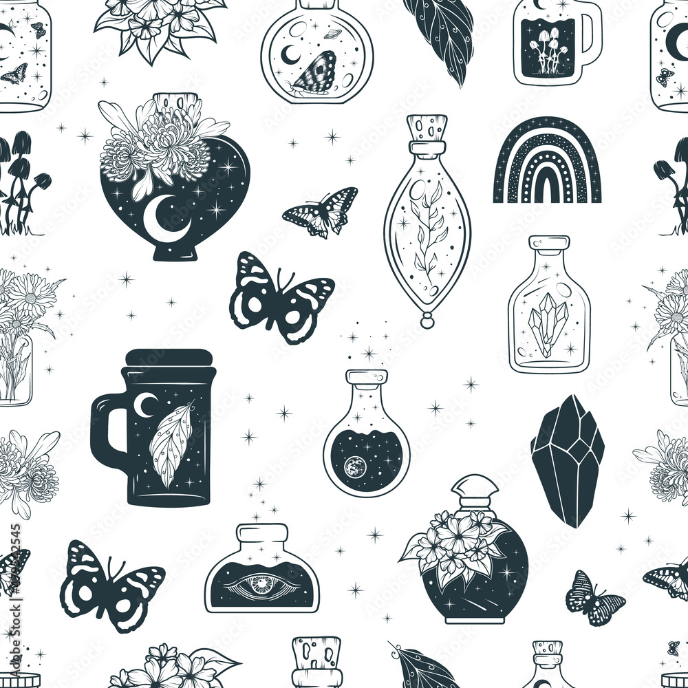 Seamless pattern with witchcraft potions, celestial jugs, butterflies ...