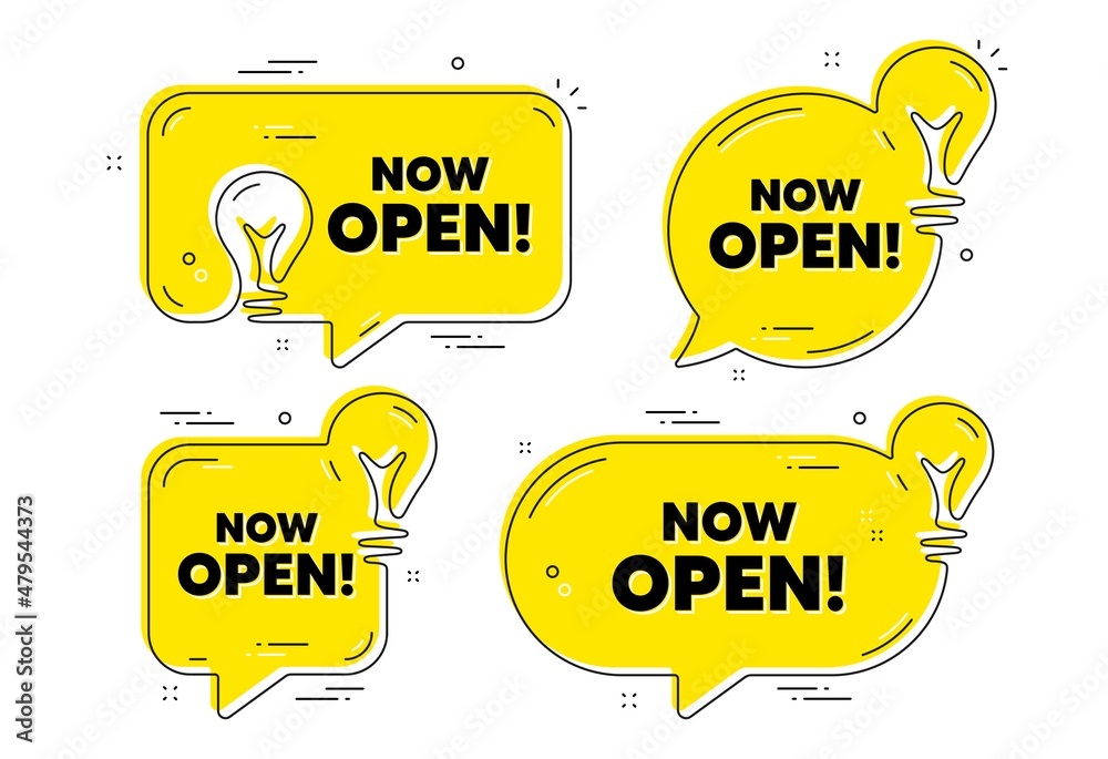 Now open text. Idea yellow chat bubbles. Promotion new business sign ...