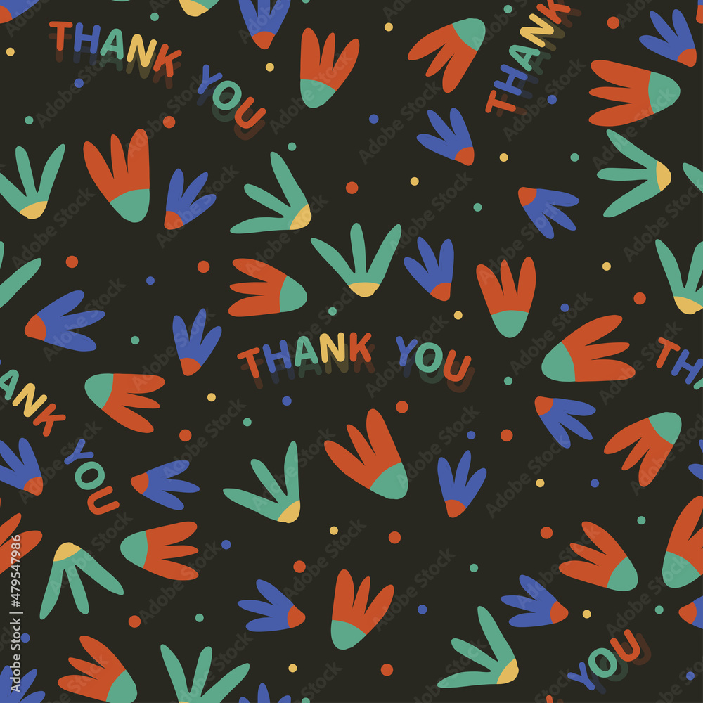 seamless cute colourful flower pattern on black background with thank ...