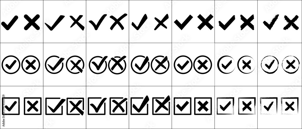 Set of checkmark and cross icons. The texture of circles and squares ...