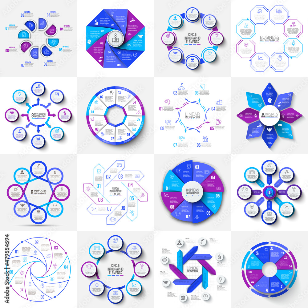 Collection of cycle infographic diagrams with 8 options - circles ...