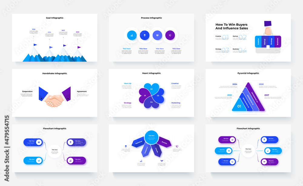 Collection of infographic presentation slides - mountains, heart ...