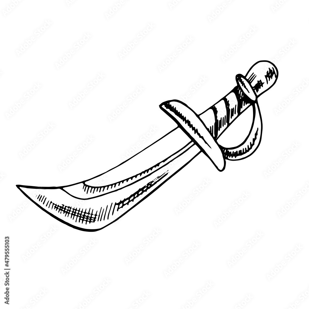 A hand-drawn ink sketch of a vintage saber, sword. Outline on a white ...