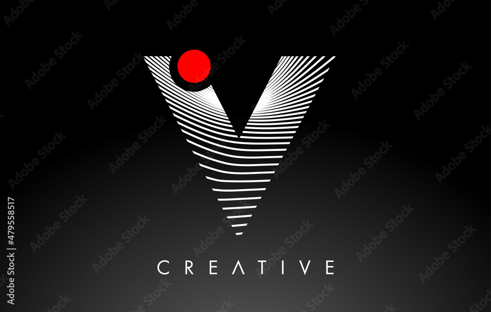 V Letter Logo with Red Dot Circle and Warp Lines Design Vector Stock ...