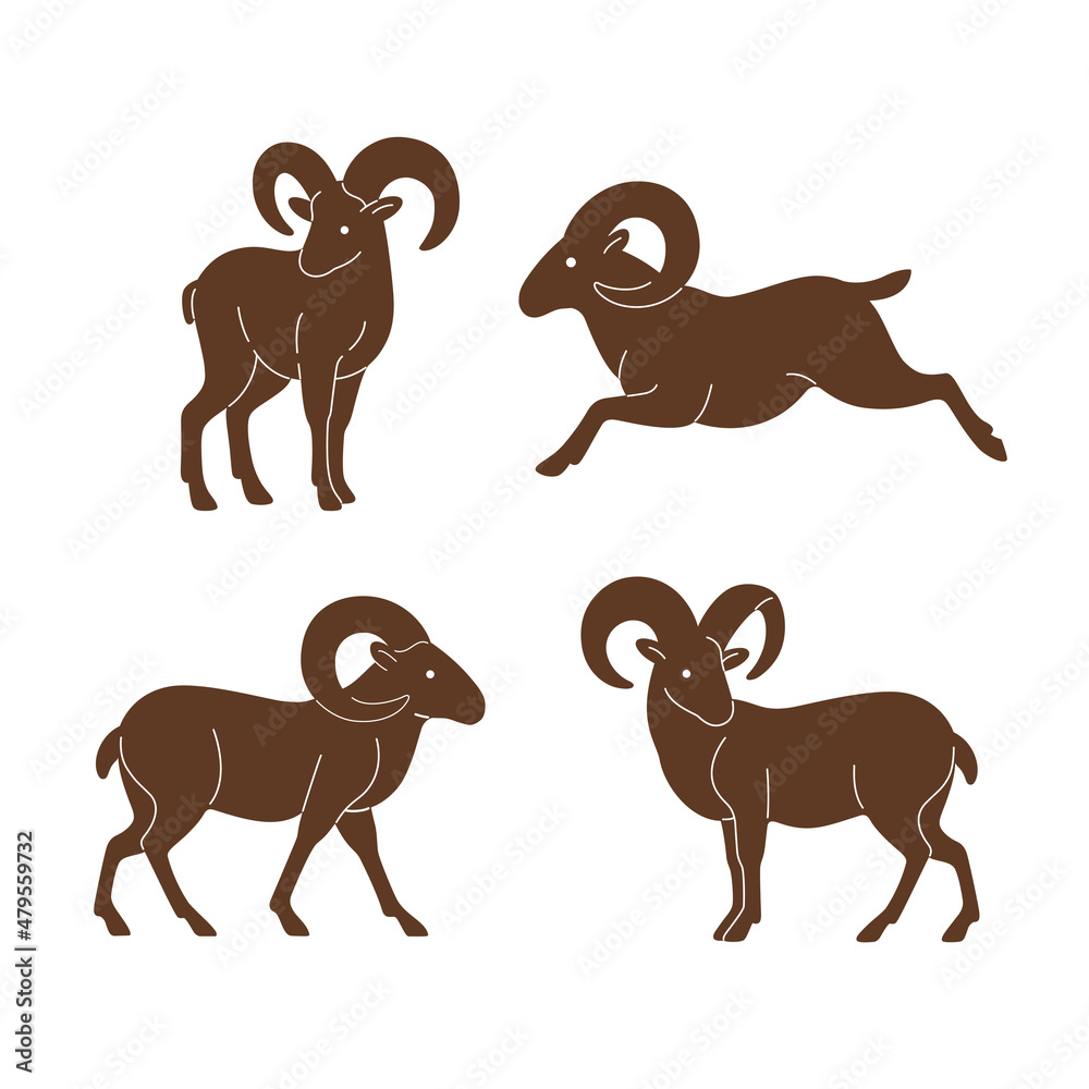 Silhouette of mountain sheep. Animal in various poses. Simple contour ...