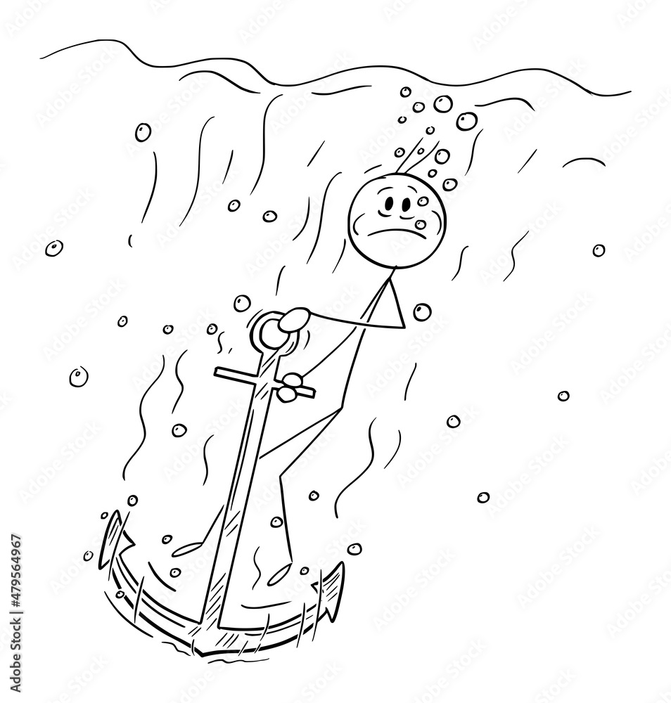 Person or businessman Sinking With Heavy Anchor, Vector Cartoon Stick ...