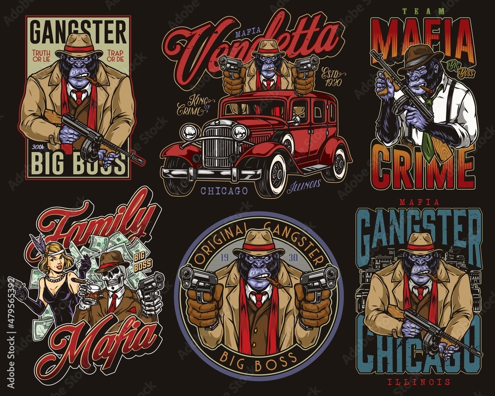 Gangster vintage monochrome labels set Stock Vector | Adobe Stock