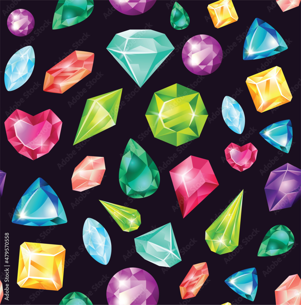 Cartoon magic crystals and precious gemstones seamless pattern ...