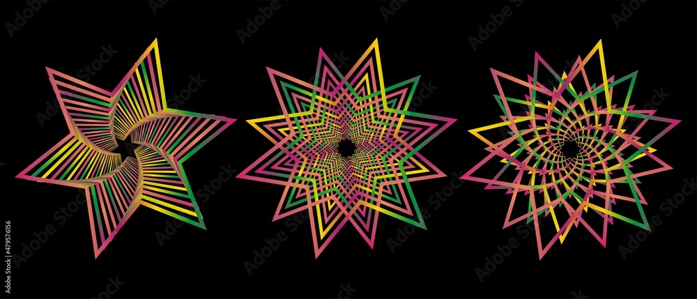 Rotating star icon. Abstract spiral tunnel. A twisted symbol. Star Trek ...