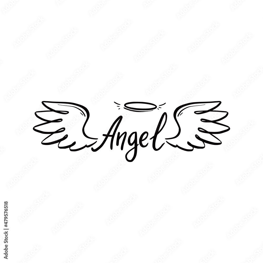 Angel wing with halo and angel lettering text. Hand drawn line sketch ...