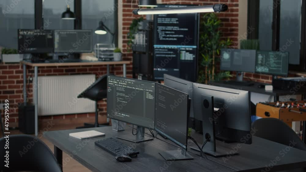Computer Screens Running Programming Code In Empty Software It Agency Office And Computers