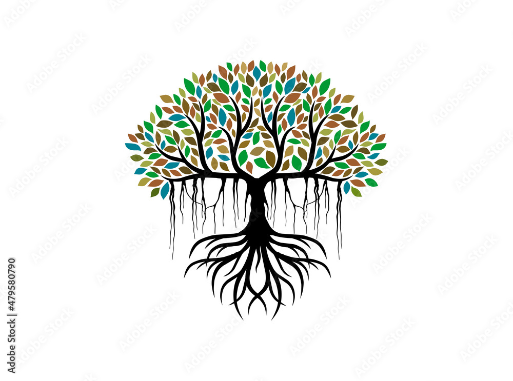 tree and roots logo design. Abstract Banyan tree with rainbow and ...