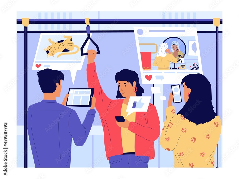 Phone addiction. Young cartoon people using gadgets and mobile phones ...