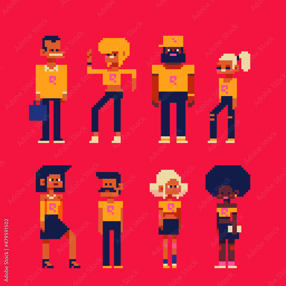 Pixel art 80s style people video game characters set design on the ...