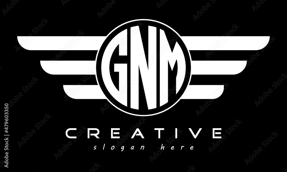 GNM three letter monogram type circle letter logo with wings vector ...