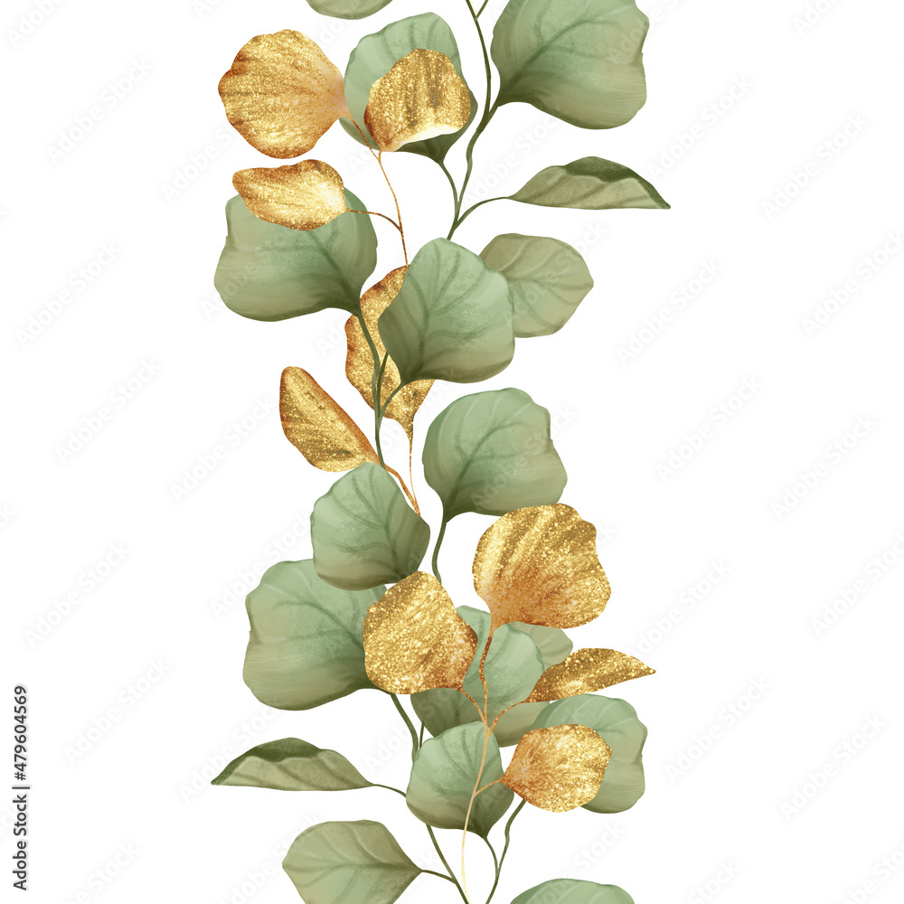 Seamless floral border with green and gold leaves on white background ...