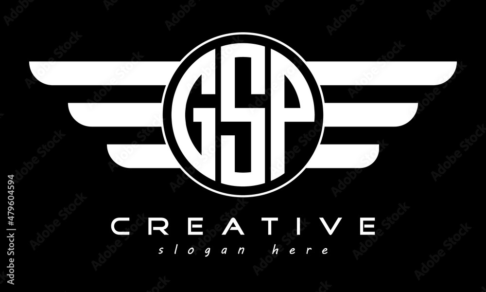 GSP three letter monogram type circle letter logo with wings vector ...