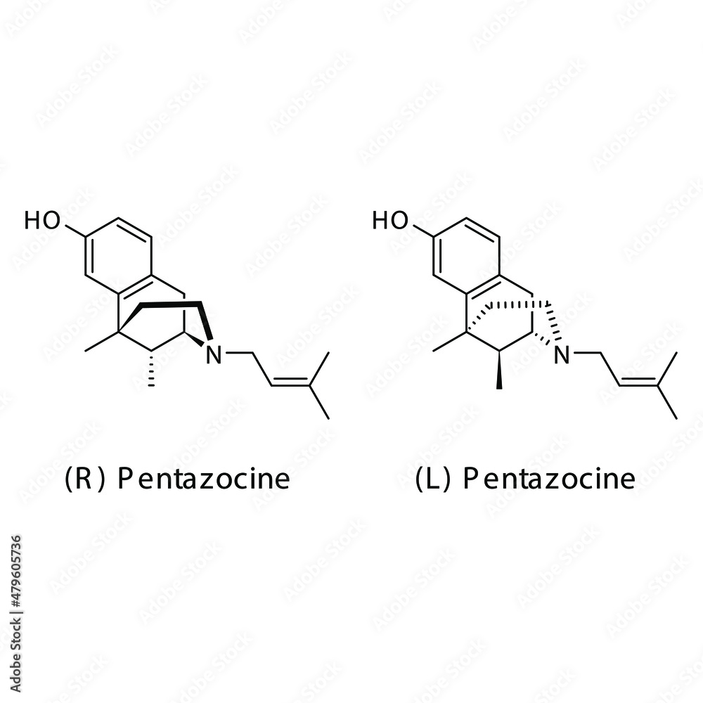 Pentazocine molecular structure, flat skeletal chemical formula. Opioid ...