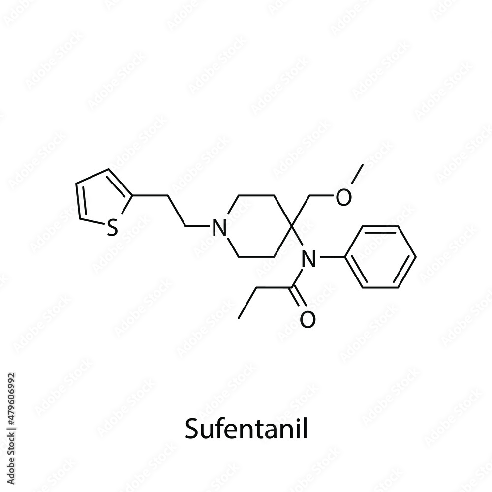 Sufentanil molecular structure, flat skeletal chemical formula. Opioid ...