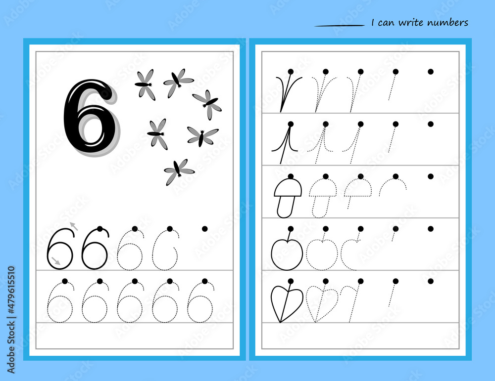 Learn to count and trace number six. Set of educational pages in line ...