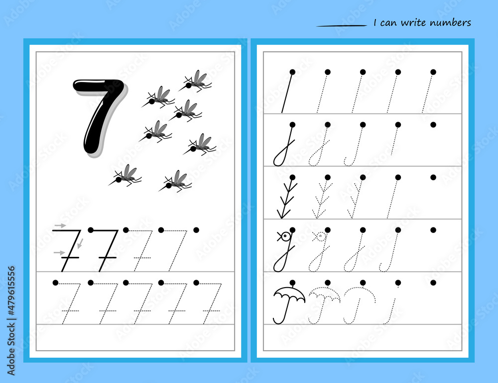 Learn to count and trace number seven. Set of educational pages in line ...