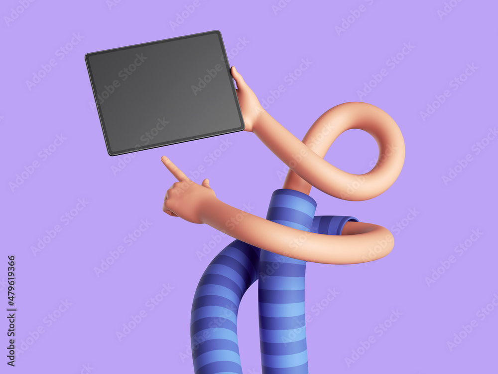 3d render, funny cartoon flexible tangled hands hold digital graphic ...