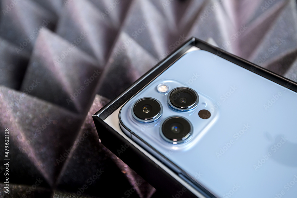 Paris, France - Sep 25, 2021: Detail of new triple camera on the new ...