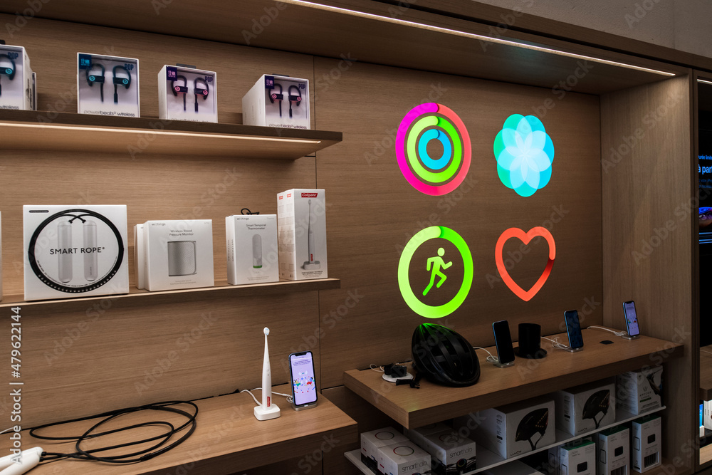 Paris, France - Circa 2019: Diverse IoT smart accessories shopping inside the Apple Store Champs ...