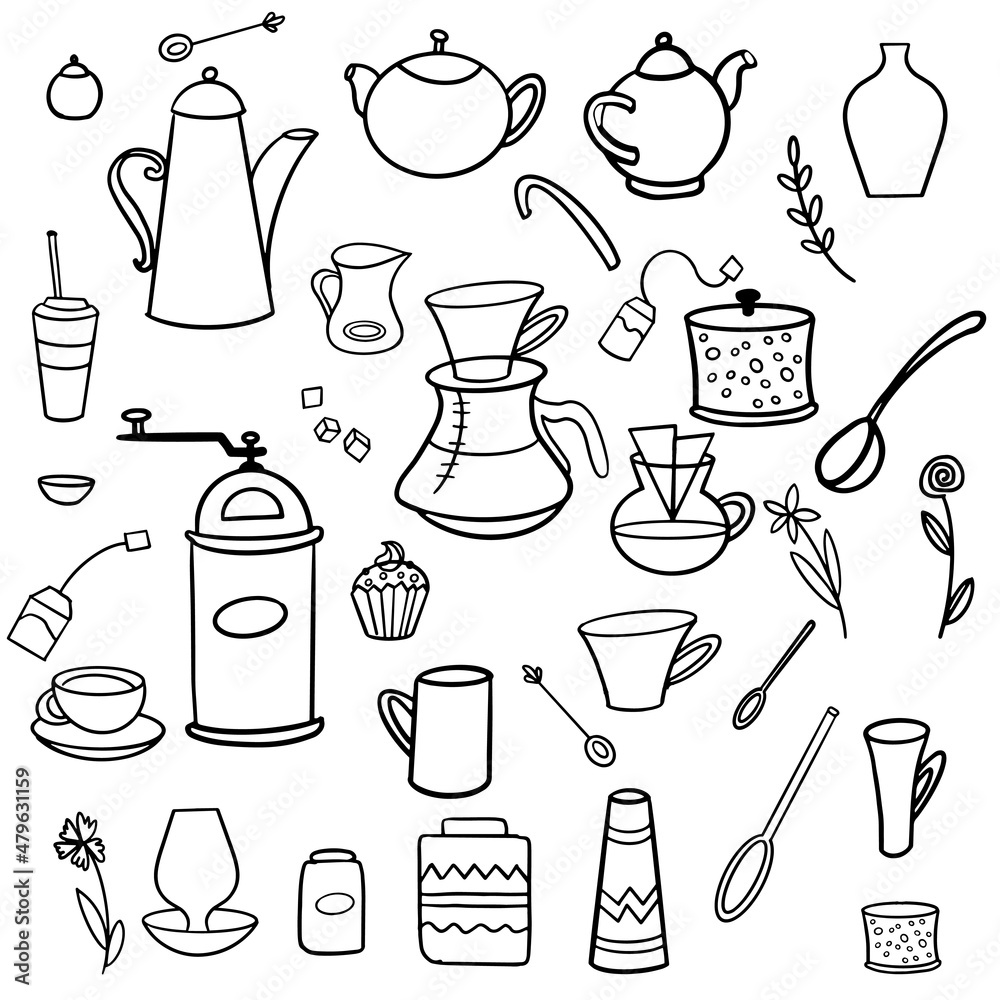 Hand drawn doodle Tea time icon set. Vector outline coffee and tea ...