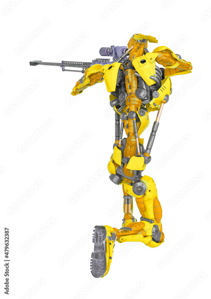 mechanical soldier is holding a rifle on sniper kneel pose rear view ...