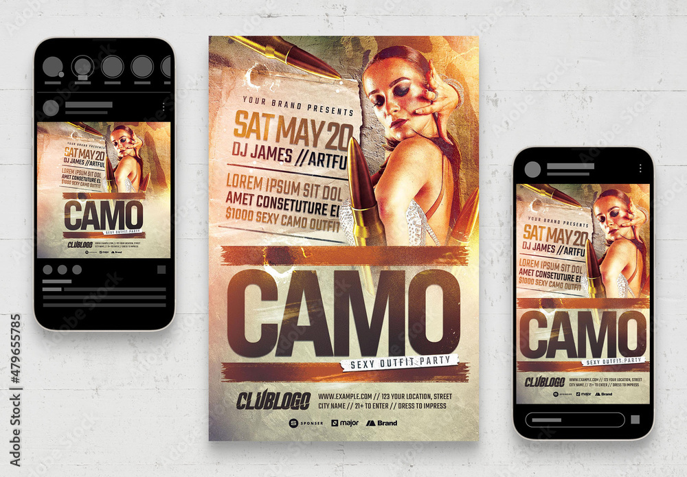 Military Army Camo Party Flyer with 3D Bullets Stock Template | Adobe Stock