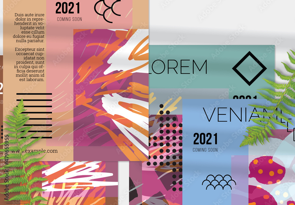 Poster Layout with Geometric Shapes and Abstract Bright Artistic Brush ...
