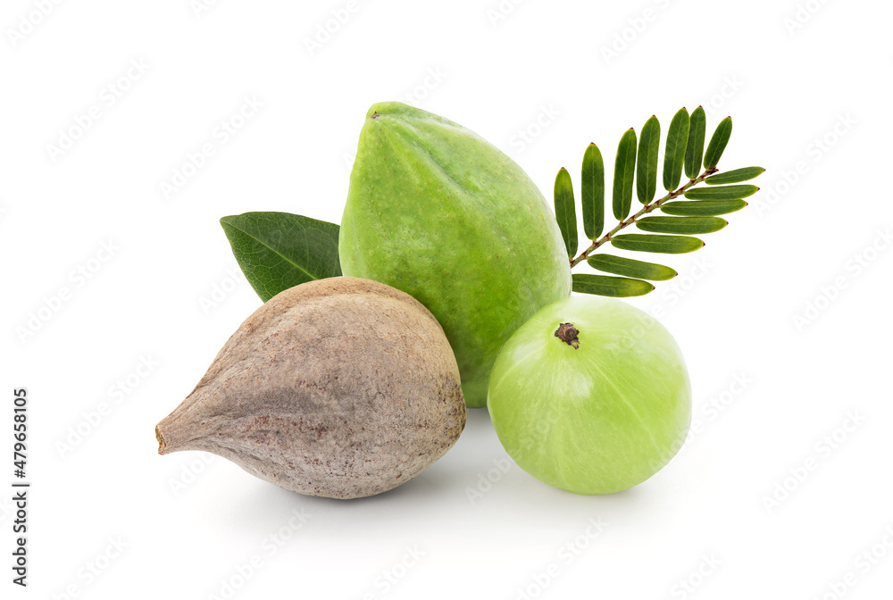 Triphala, ayurvedic fruits isolated on white background with clipping ...