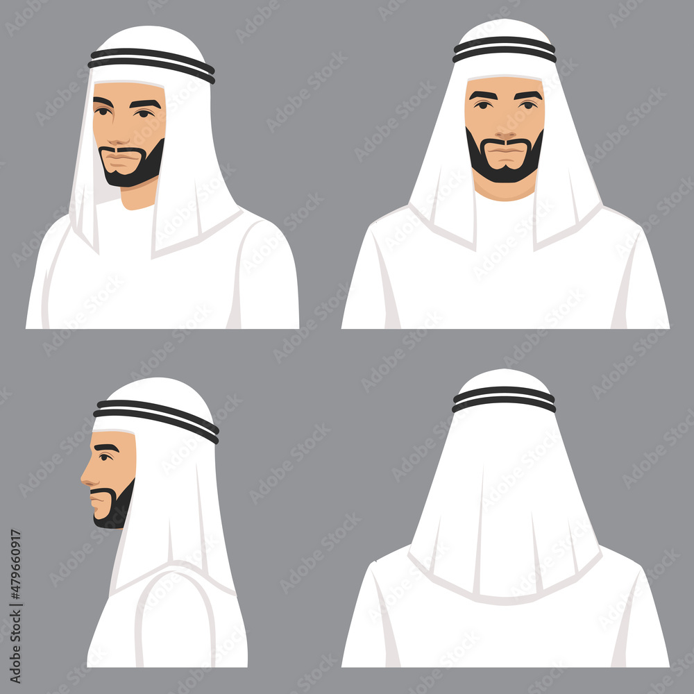 arabian muslim face portrait, Front, profile, side view Stock Vector ...
