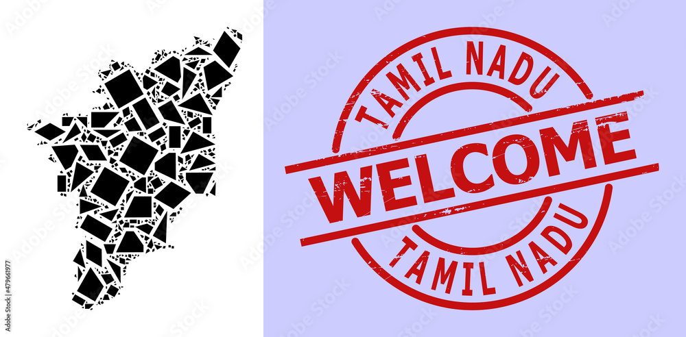 Simple geometric mosaic map of Tamil Nadu State with rubber stamp seal ...