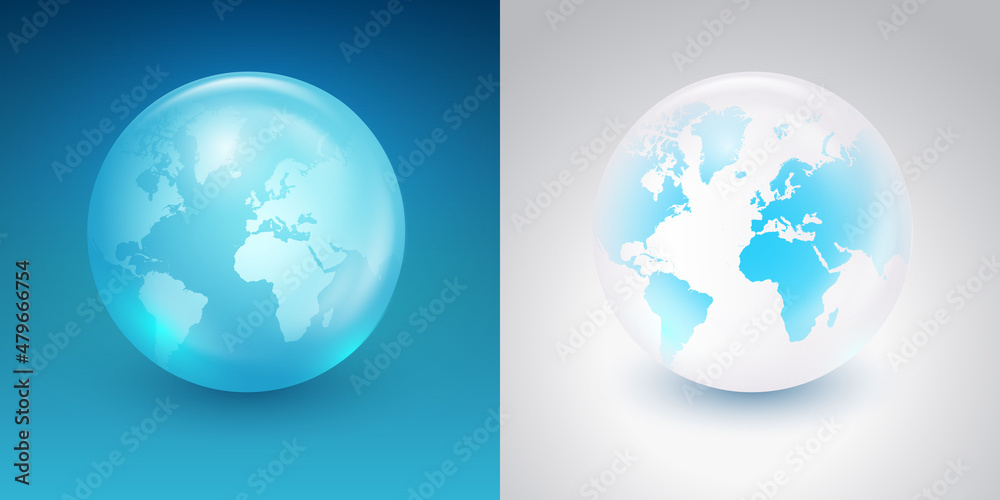 Earth globe vector. World map on blue and white background. Planet with ...