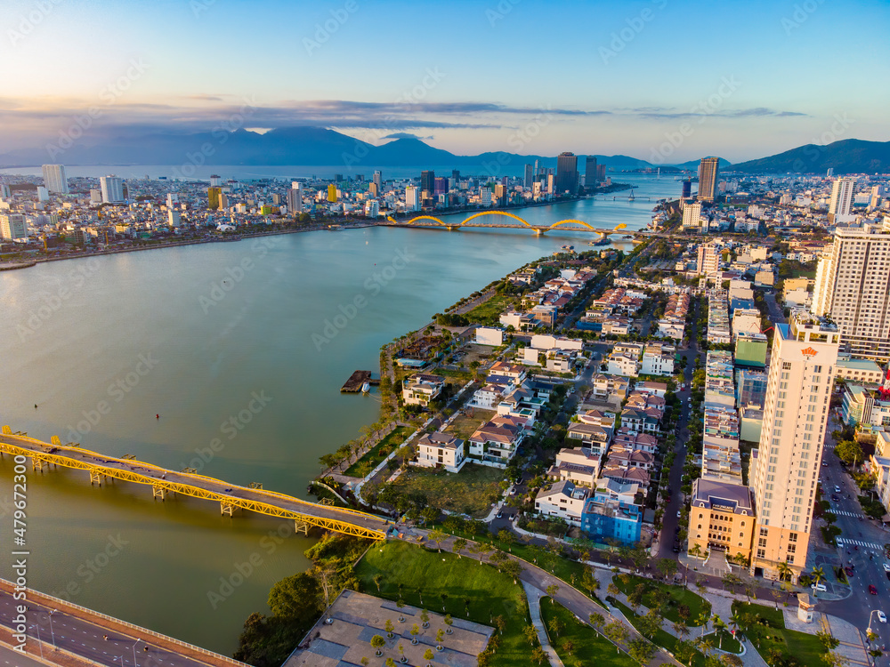 Aerial view of Da Nang city which is a very famous destination for ...